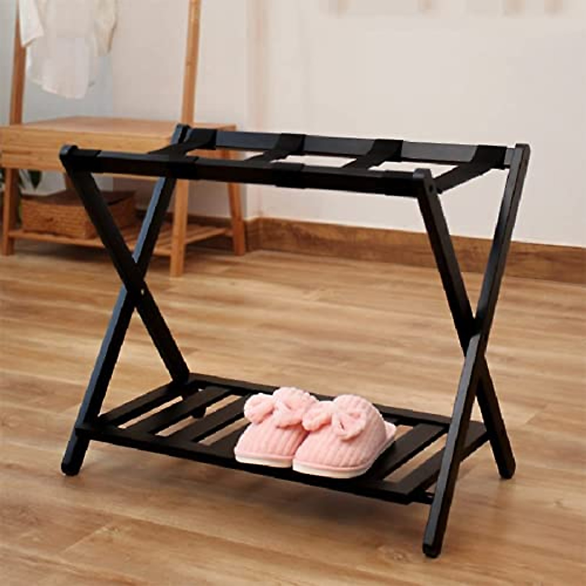 Guest Room Luggage Rack, Folding Suitcase Stand Luggage Rack, Solid Wood Multifunctional Clothes Rack Foldable 2 Tiered Suitcase Rack with Easy Assembly for Hotel Apartment (Color : Black, Size : 60x5