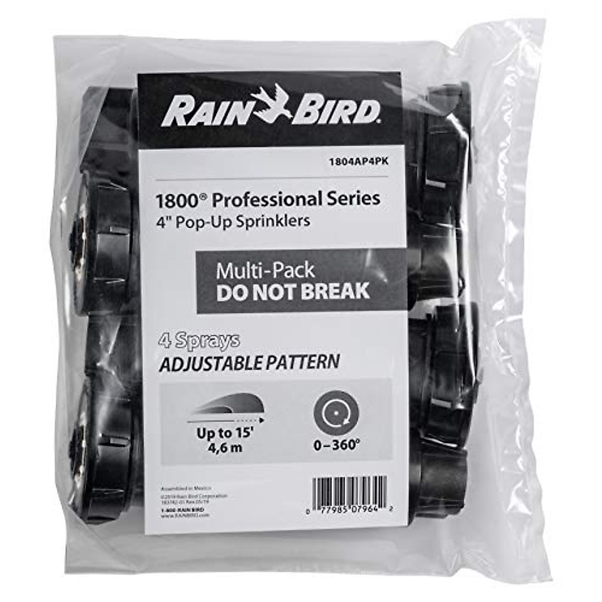 Rain Bird 1804AP4PK Professional Pop-Up Sprinkler, Adjustable 0° - 360° Pattern, 8' - 15' Spray Distance, 4" Pop-up Height, 4-Pack, Black
