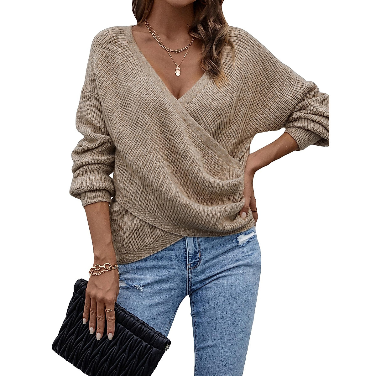 SweatyRocks Women's Casual Long Sleeve Drop Shoulder V Neck Wrapped Pullover Sweater Top Khaki Medium