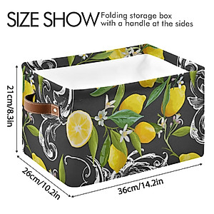 Large Foldable Storage Basket Lemon Yellow Limon Storage Bin Canvas Toys Box Fabric Decorative Collapsible Organizer Bag with Handles for Bedroom Home