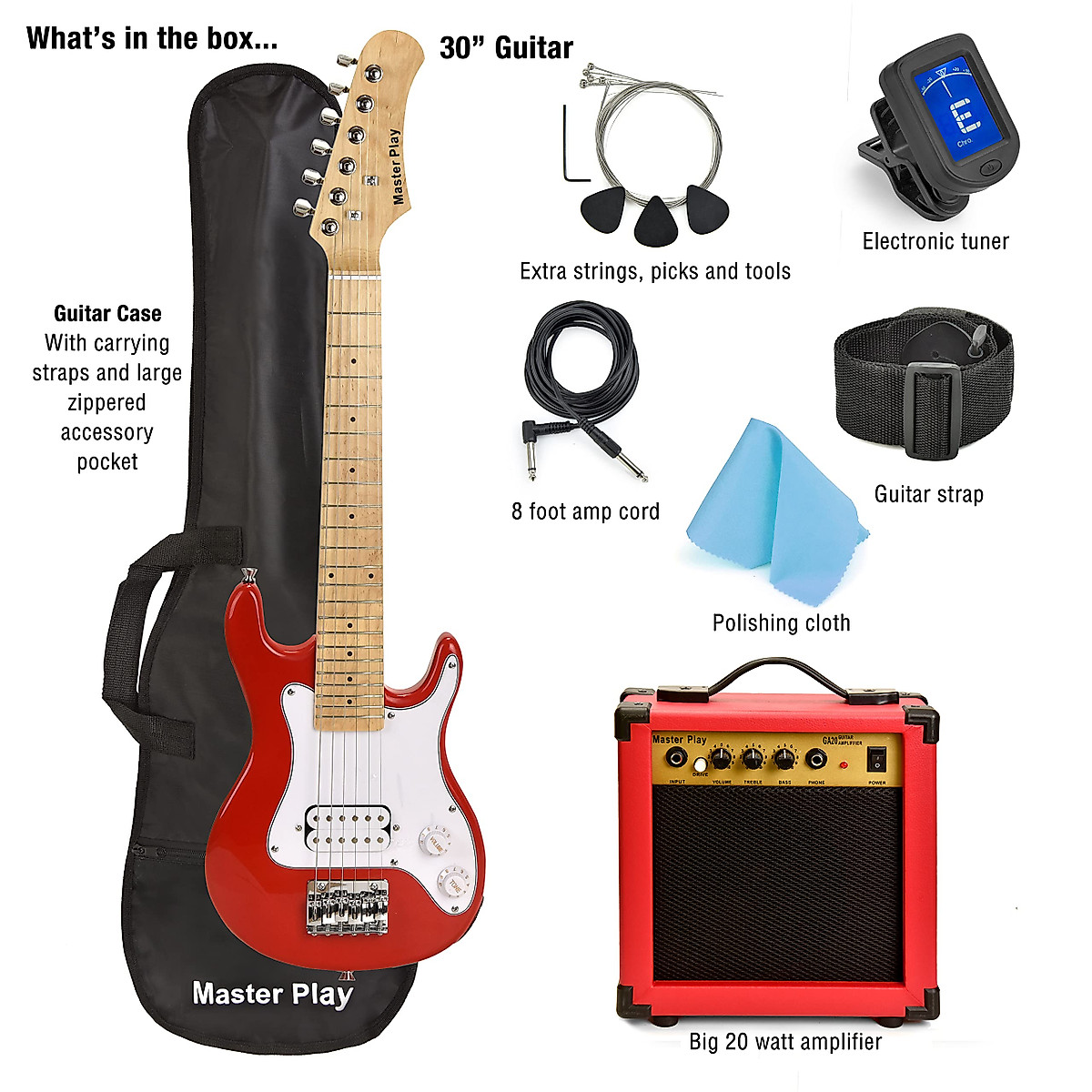 Master Play 30 Inch Electric Guitar,For Kids/beginner With Complete Starter Kit, 20 Watt Amp, 6 Extra String, Picks, Gig Bag, Shoulder Strap, Digital tuner, Cable, Wash Cloth Red