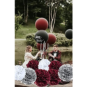Decorations 2022 Maroon Graduation/Burgundy Silver White Birthday Decorations for Women 40th/50th Birthday 12 Tissue Paper Pom Poms Maroon Burgundy Silver Wedding/Bridal Shower Retirement Decorations