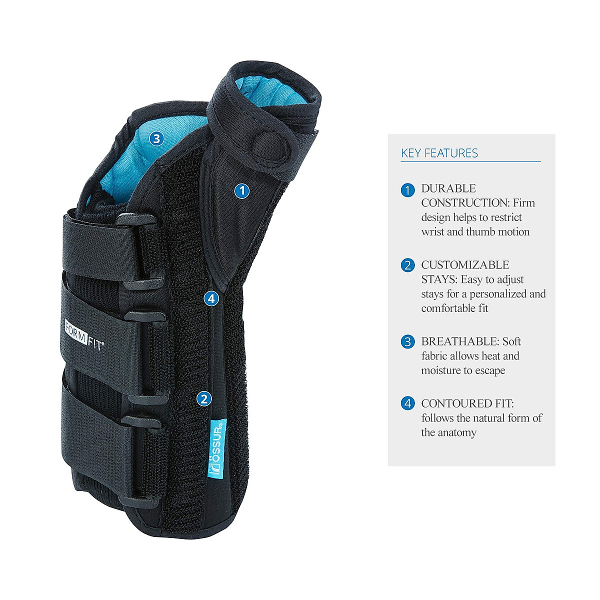 Ossur Formfit Universal Thumb Brace for Soft-Tissue Injuries, DeQuervain’s Tendonitis and Gamekeeper’s Thumb, Customizable Stays and Contact Closure Straps, Breathable Material, (Right, Universal)