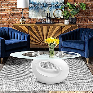 Modern White Glass Coffee Table for Living Room, with Glass Top & Glossy Solid Base for Storage, Sofa Side Central Table, Oval Glass Table Set for Living Room, Sitting Room