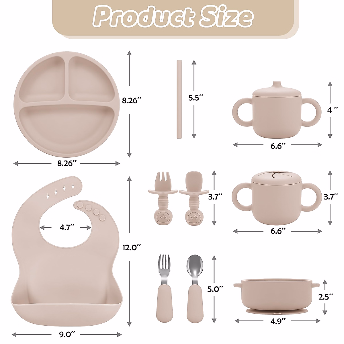 Bufims Silicone Baby Feeding Set, Baby Led Weaning Supplies, Eating Essentials Utensils with Suction Plate and Bowl, Pocket Bib, Sippy Cup with Lid, Forks Spoons Snack Container, for 6+ Months, Beige
