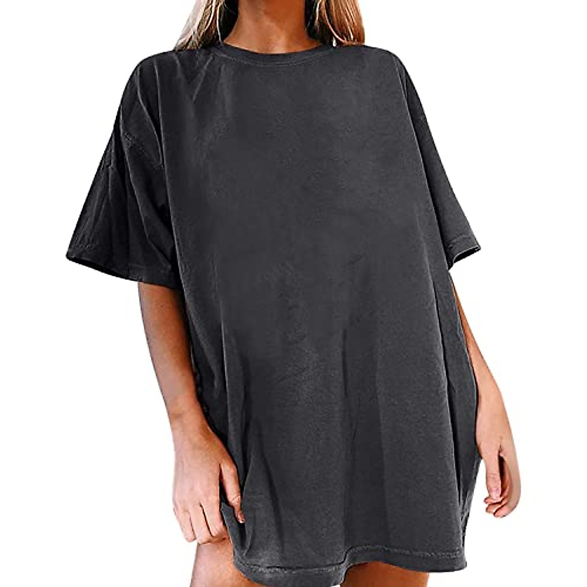 Bnycuml Women's Oversized T Shirts Half Sleeve Crewneck Loose Fit Drop Shoulder Casual Cotton Tunic Tees Top (Dark Grey,X-Large)