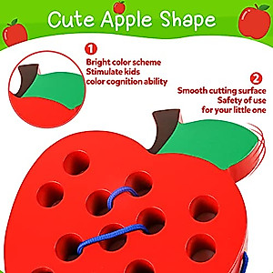 Lacing Toys for Toddlers - Wooden Lacing Apple Threading Toy, Shape Puzzle Fun Travel Game for Montessori Early Learning of Fine Motor Skills Lacing Toy, Educational Gift for Boys and Girls Ages 3-5