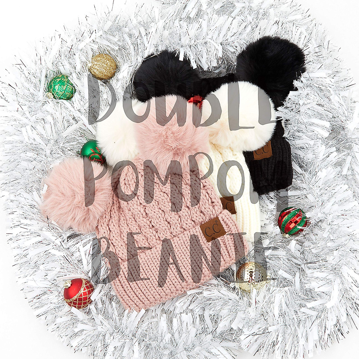 C.C Hatsandscarf Exclusives Cable Knit Double Pom Winter Beanie (HAT-2055) (Black-Color Natural Pom)