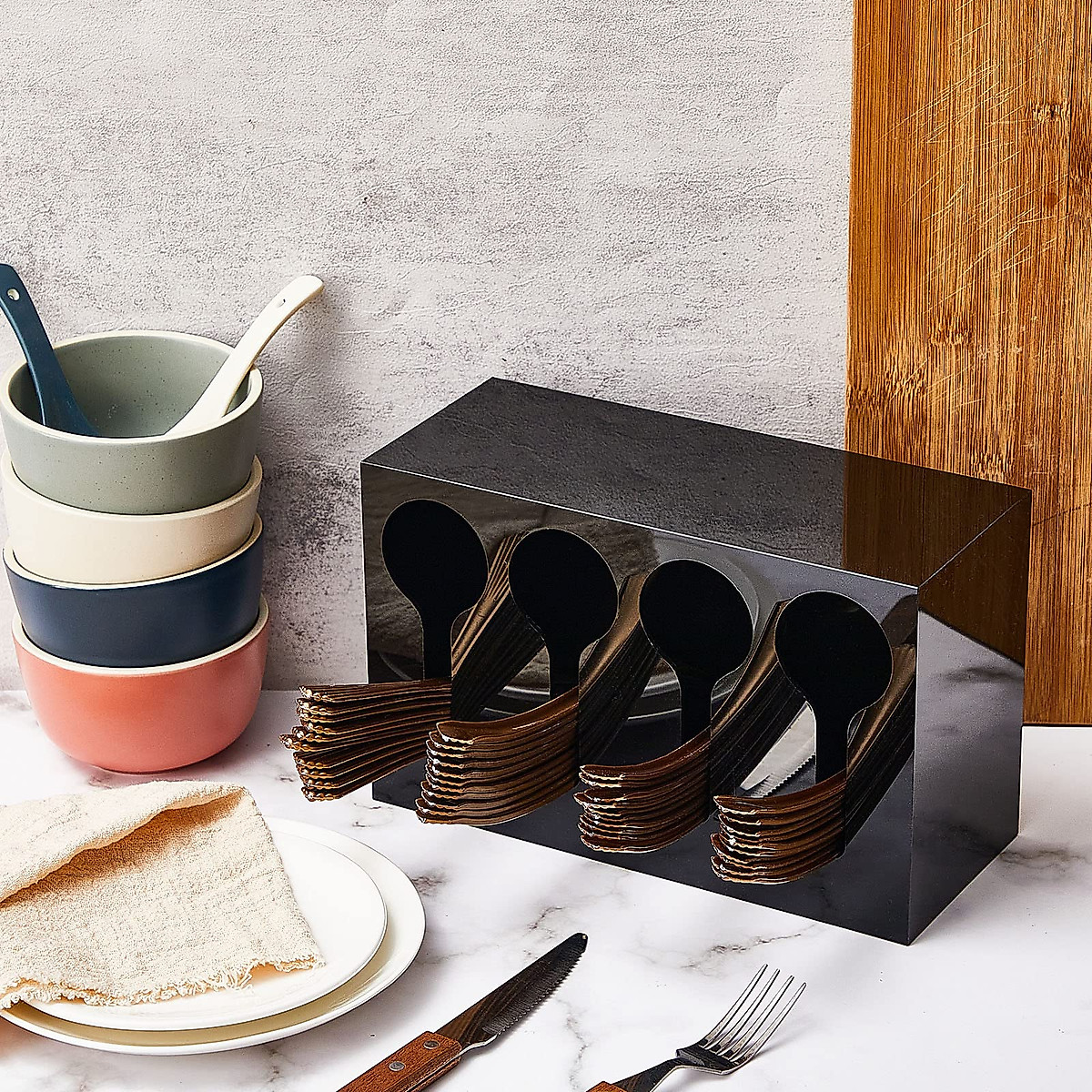 Plastic Utensil Dispenser 4 Compartments Cutlery Dispenser Plastic Silverware Holder Silverware Caddy Spoon Fork Flatware Organizers Plasticware Sorter for Restaurant Office Countertop Party Storage