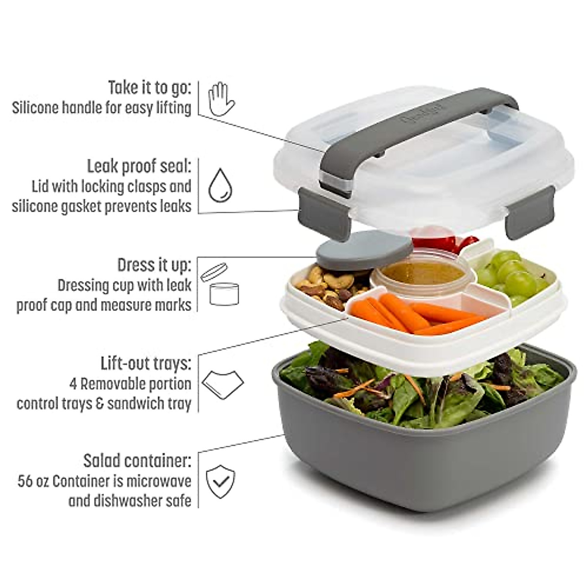 Goodful Stackable Lunch Box Container, Bento Style Food Storage with Removeable Compartments for Sandwich, Snacks, Toppings & Dressing, Leak-Proof and Made without BPA, 56-Ounce, Gray