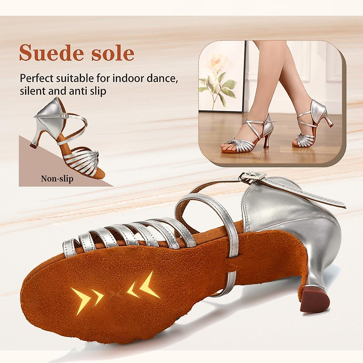 VCIXXVCE Women's Latin Dance Shoes Silver PU Open Toe 3 inch Heel Ballroom Salsa Dance Practice Shoes Suede Sole,8 B(M) US