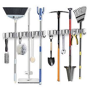 EYEDESL 2 Pack Mop Broom Holder Wall Mount, Stainless Steel Self Adhesive Heavy Duty Broom Organizer Storage Tool for Home Kitchen Laundry Garden Garage (3 Racks with 4 Hooks)