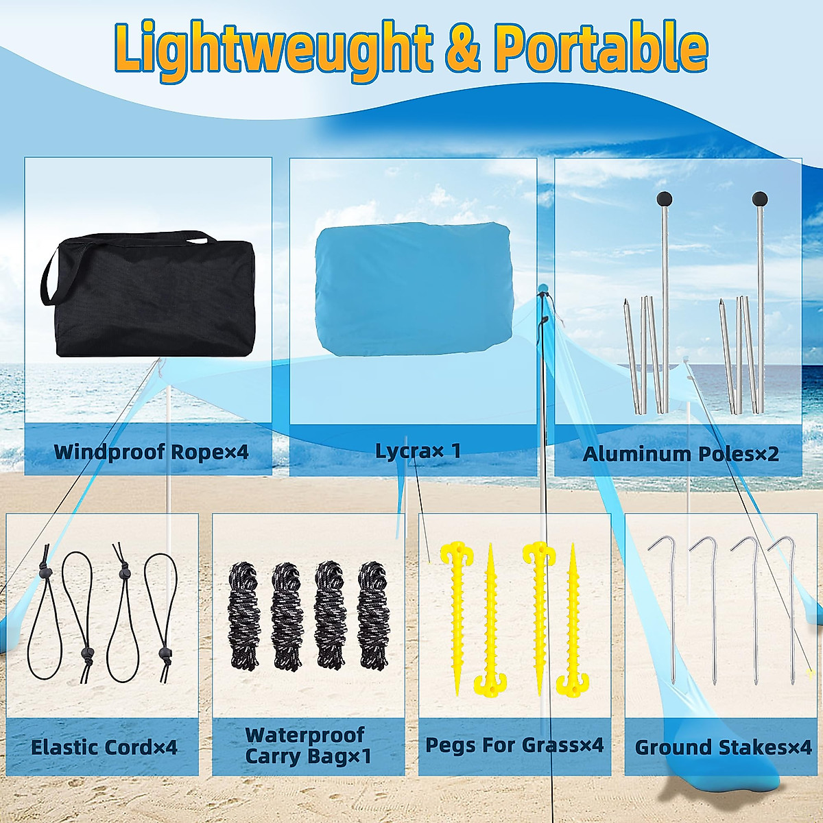 BOTINDO Family Beach Tent Canopy Sun Shade, Pop Up Grande Beach Tent Sun Shelter Stability 4 Poles with Portable Carry Bag Outdoor Shade for Beach Fishing Backyard Camping Picnics