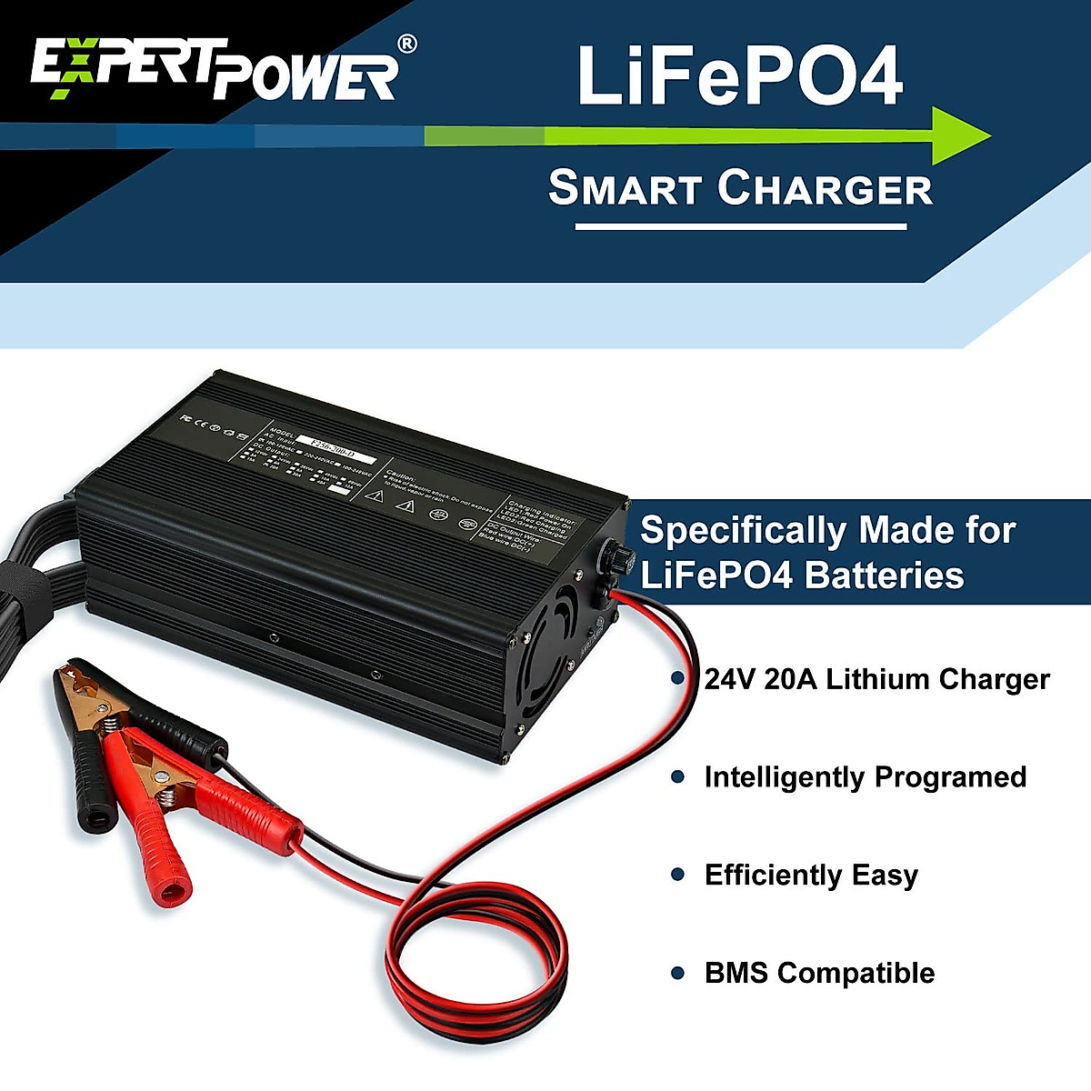 ExpertPower 24V 20A Smart Charger for Lithium LiFePO4 Deep Cycle Rechargeable Batteries
