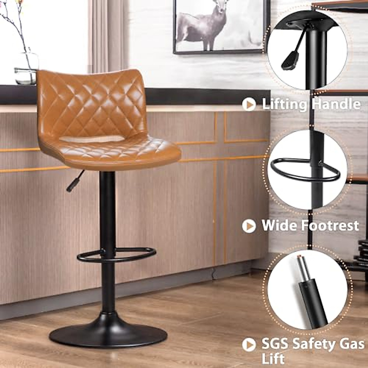 LEMBERI Bar Stools Set of 2, Counter Height Adjustable Bar Stool Swivel with Back, Modern Design Bar Chairs Armless Faux Leather Barstools for Kitchen Island, Pub, Dining Room (Whisky)