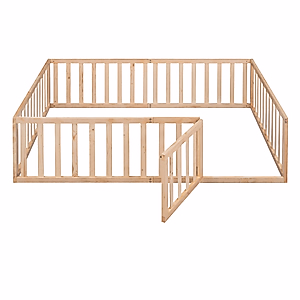 Full Size Floor Bed with Safety Fence and Door and Slats，Wood Montessori Floor Bed for Kids，No Box Spring Needed,for Boys Girls,(Natural)