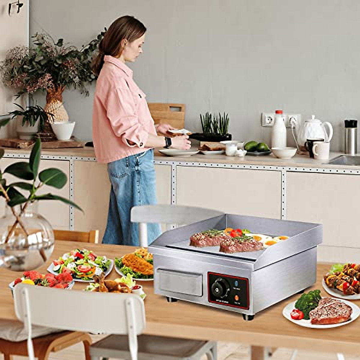 PROMOTOR 14" Electric Countertop Griddle Grill Stainless Steel Commercial Restaurant Teppanyaki Grill Adjustable Temp Control 1500W Non-Stick