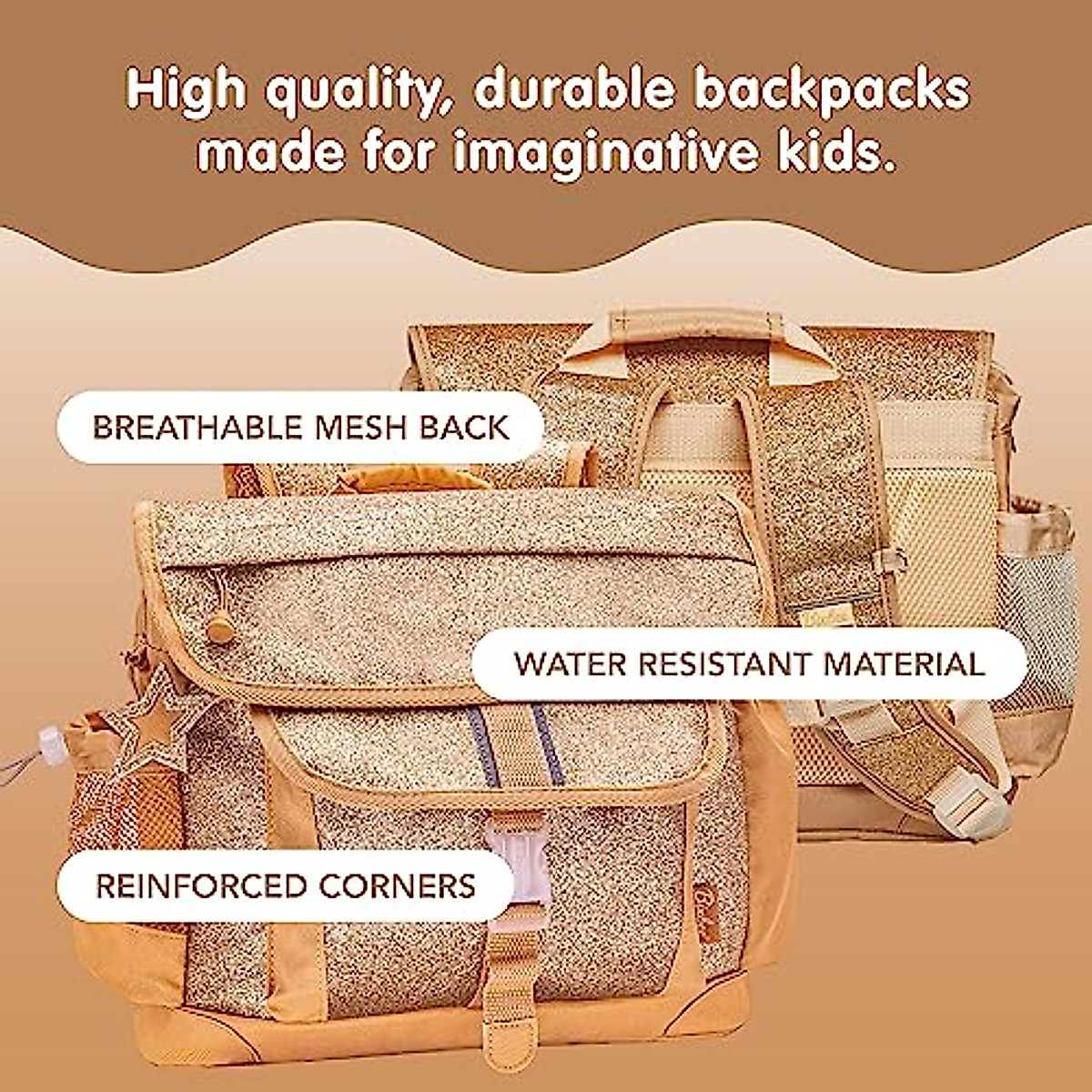 Bixbee Personalized Kids Backpack, Gold Sparkly Bookbag for Kids & Toddlers Ages 3+ 5-7 | Custom Backpack with Name for Boys & Girls | Water Resistant Monogrammed School Bag