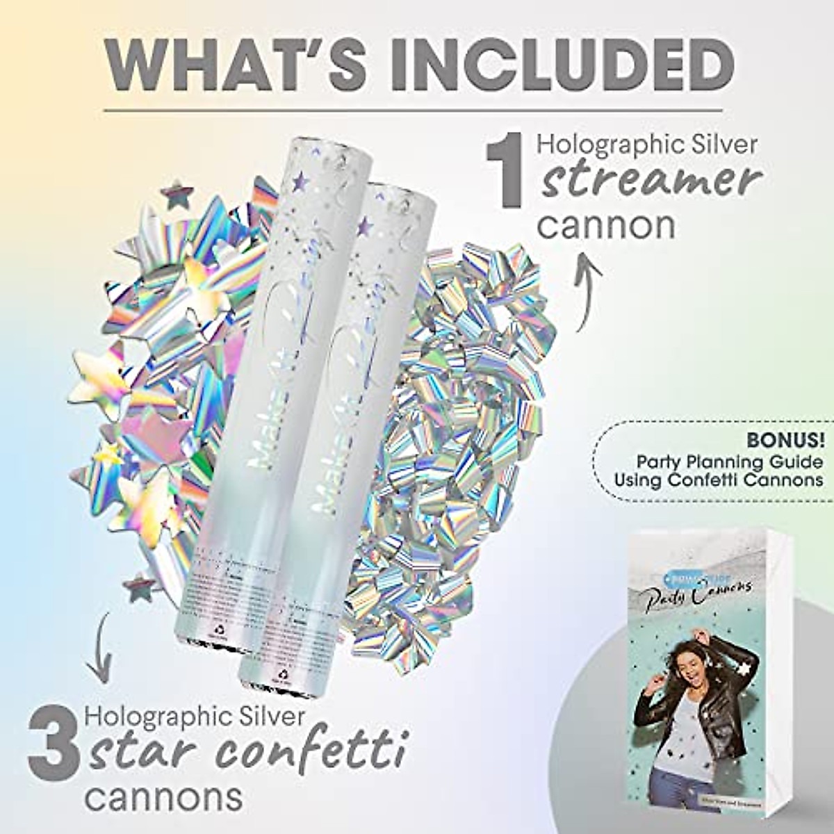 Confetti Cannon - 4 Pack Holographic Silver Party Poppers Confetti Shooters | 1x Streamer Poppers and 3x Star Confetti Poppers Bulk | Confetti Bomb Party Poppers for Celebrations | Confetti Gun for Birthday, Graduation, New Years Eve, Wedding, Photo Shoot