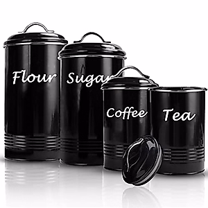 Farmhouse Canisters Set of 4, Food Storage Container for Kitchen Decor, Rustic Metal Countertop Canisters with Airtight Lids for Sugar, Coffee, Tea - Black