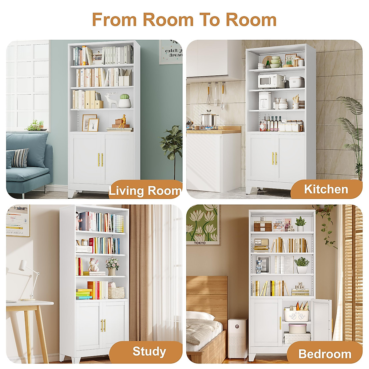 pozdeg 6 Tier Bookshelf and Bookcase, Metal Bookshelves with 4 Adjustable Shelves and 2 Doors, Floor Bookcase and Office Storage Cabinets for Office Study Livingroom Bedroom (White)