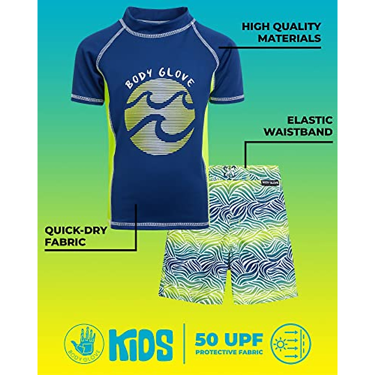 Body Glove Boys’ Rash Guard Set - UPF 50+ Swim Shirt and Bathing Suit Trunks - Swimwear Set for Boys (4-12), Size 8, Navy Green Swirls