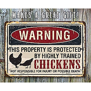 Chicken Signs for Coop Funny Outdoor - Property Protected by Chickens Funny Chicken Coop Sign - Chicken Accessories Indoor/Outdoor Chicken on Coop - Vintage Kitchen Decor Gifts for Chicken Owners