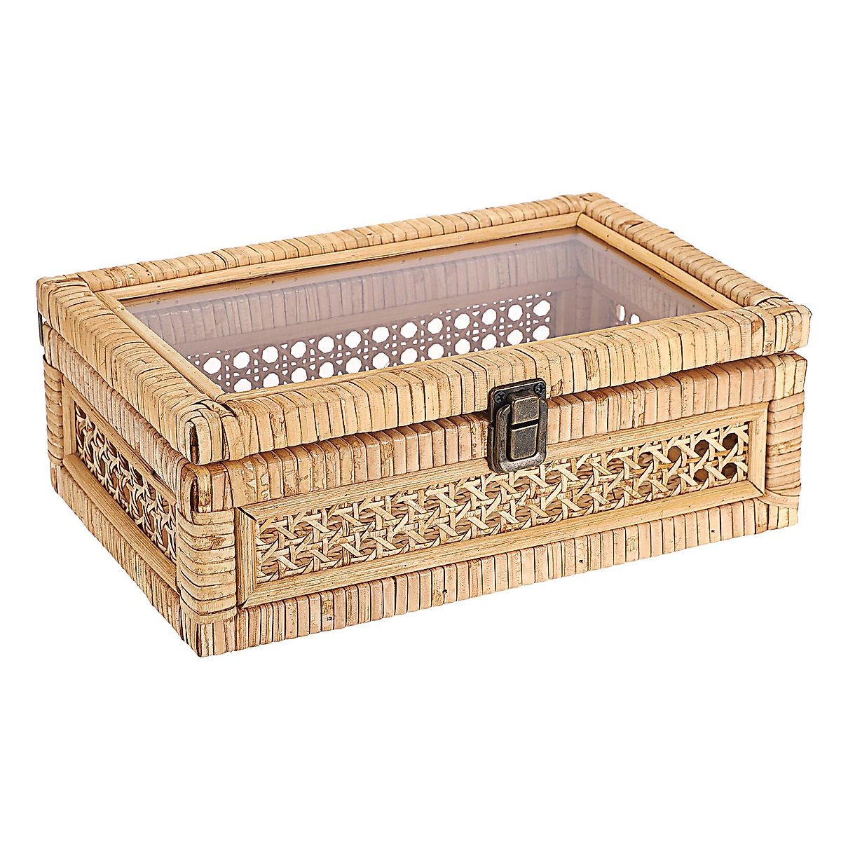 Hipiwe Rattan Display Box with Clear Lid Rectangular Wicker Storage Basket Bin with Metal Secure Latch Handwoven Natural Rattan Decorative Box Small Shelf Organizer Basket for Snacks Remotes