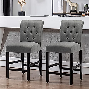 GOTMINSI Bar Stools for Kitchen Island 24 Inches, Set of 4 Fabric Barstools Upholstered Back Counter Height Bar Stools with Button Tufted Decoration Leisure Style Wooden Bar Chairs(Grey)