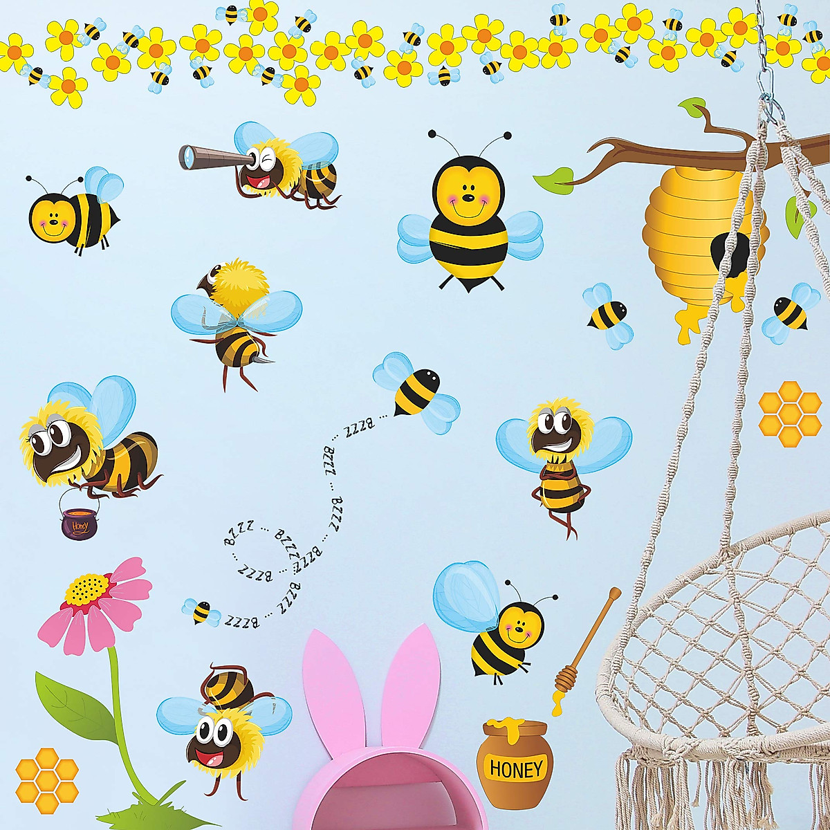 RW-1061 3D Bee Wall Decals Bee Flowers Wall Stickers Cartoon Animals Stickers DIY Removable Animals Tree Branch Wall Art Decor for Kids Babys Nursery Bedroom Living Room Playroom Classroom Decoration
