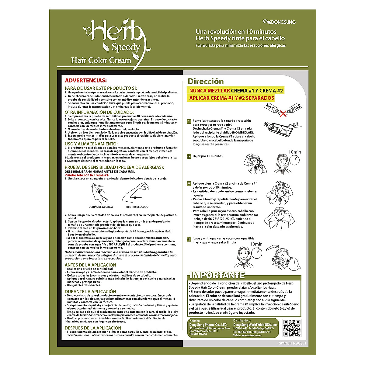 DONGSUNG Herb Speedy Color Cream (Natural Black, 1 Pack), PPD-Free Ammonia-Free Vegan Hair Dye with Sun Protection, Odorless, Gentle for Sensitive Scalp, No Eye or Scalp Irritation