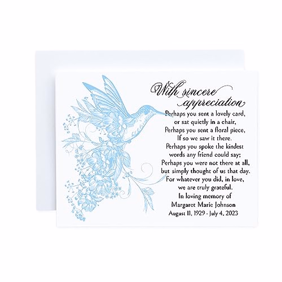Hummingbird Personalized Sympathy Thank You Notes, Choose Your Quantity, Blue Thank You Cards Sympathy Acknowledgement with Hummingbirds, Bereavement Thank You Card with Envelopes, After Funeral Card