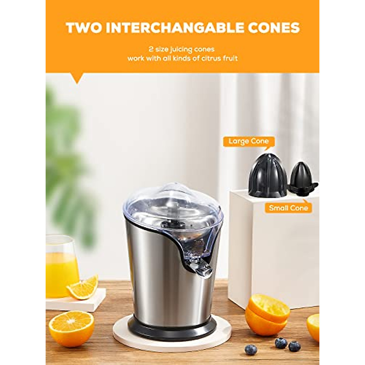 Aiheal Electric Citrus Juicer, Orange Juicer Squeezer with Two Interchangeable Cones Suitable for All Size of Citrus Fruits, Anti-drip Spout and Ultra Quiet Motor, BPA Free, Brushed Stainless Steel