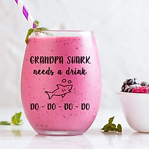 Grandma & Grandpa Shark Needs a Drink Do Do Do Do Funny Novelty Stemless Wine Glass with Sayings - Gifts for Grandparents - Birthday, Christmas, Mothers Day, Father's Day Gifts - 2 Pack (15oz)