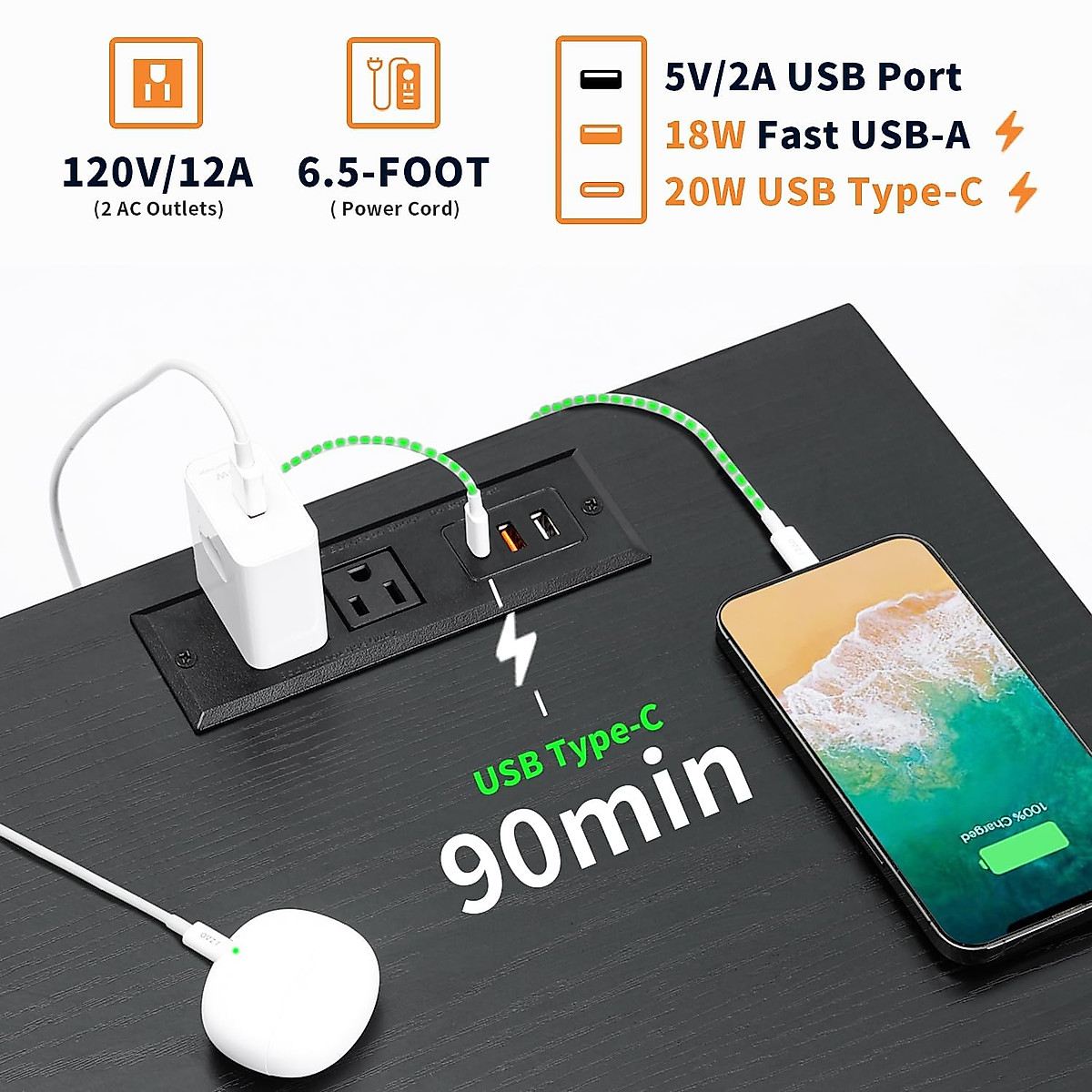 LAKEMID Narrow Side Table Set 2 with LED Light and USB C Port, Night Stand with Charging Station, Skinny End Table with 2 Fabric Drawers, for Bedroom, Living Room, Black