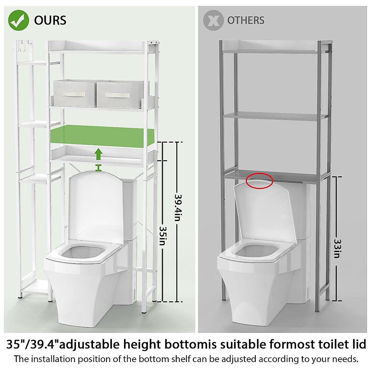 LWADALN Over The Toilet Storage Shelf, 7-Tier Bathroom Organizer Shelf, Freestanding Space Saver Storage Shelf with Two Fabric Drawers & Adjustable Feet, Toilet Rack for Bathroom, Restroom, Laundry