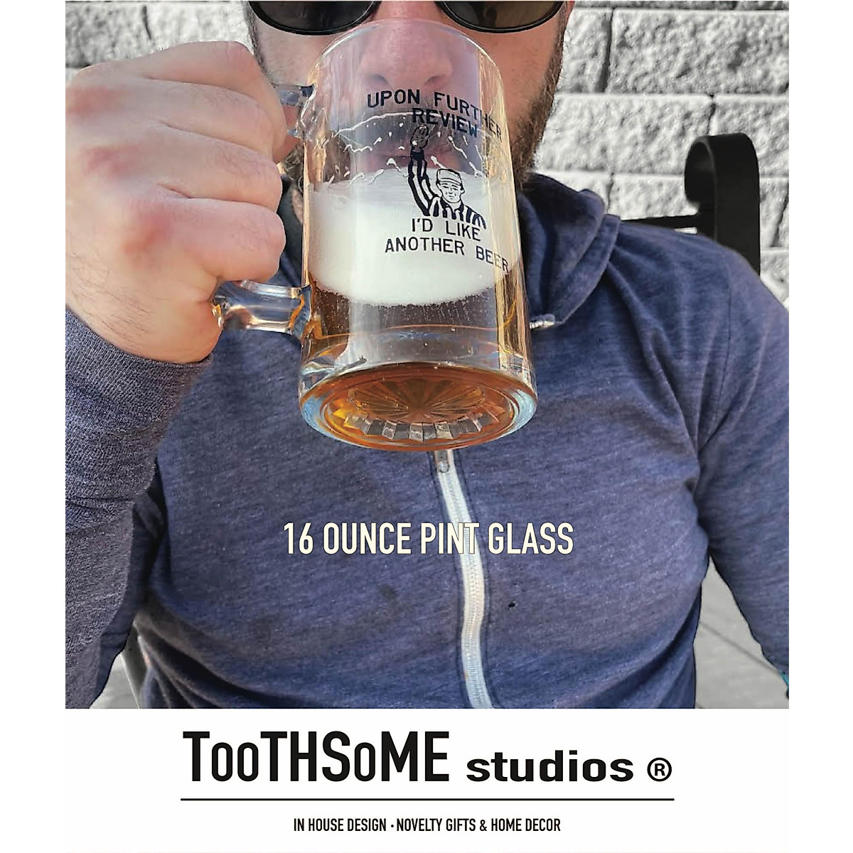Toothsome Studios Upon Further Review I'd Like Another Beer 16oz Beer Mug Football Themed Glassware Octoberfest Pint Glass