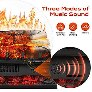 Electric Fireplace Log Heater 750W/1500W, 20" Electric Fireplace Insert with Adjustable 5 Flame Brightness&Speed/3 Music Sounds/Remote Control/8Hrs Timer for Home, Room, Office Decor