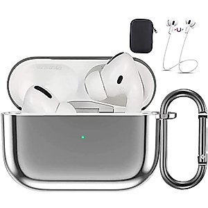 Aiiko AirPods Pro Case Cover, Soft TPU Plated Full Protective Shockproof Cover with Keychain/Anti-Lost Straps and EVA Box Set for AirPods Pro Case 2019 (Front LED Visible)-Silver