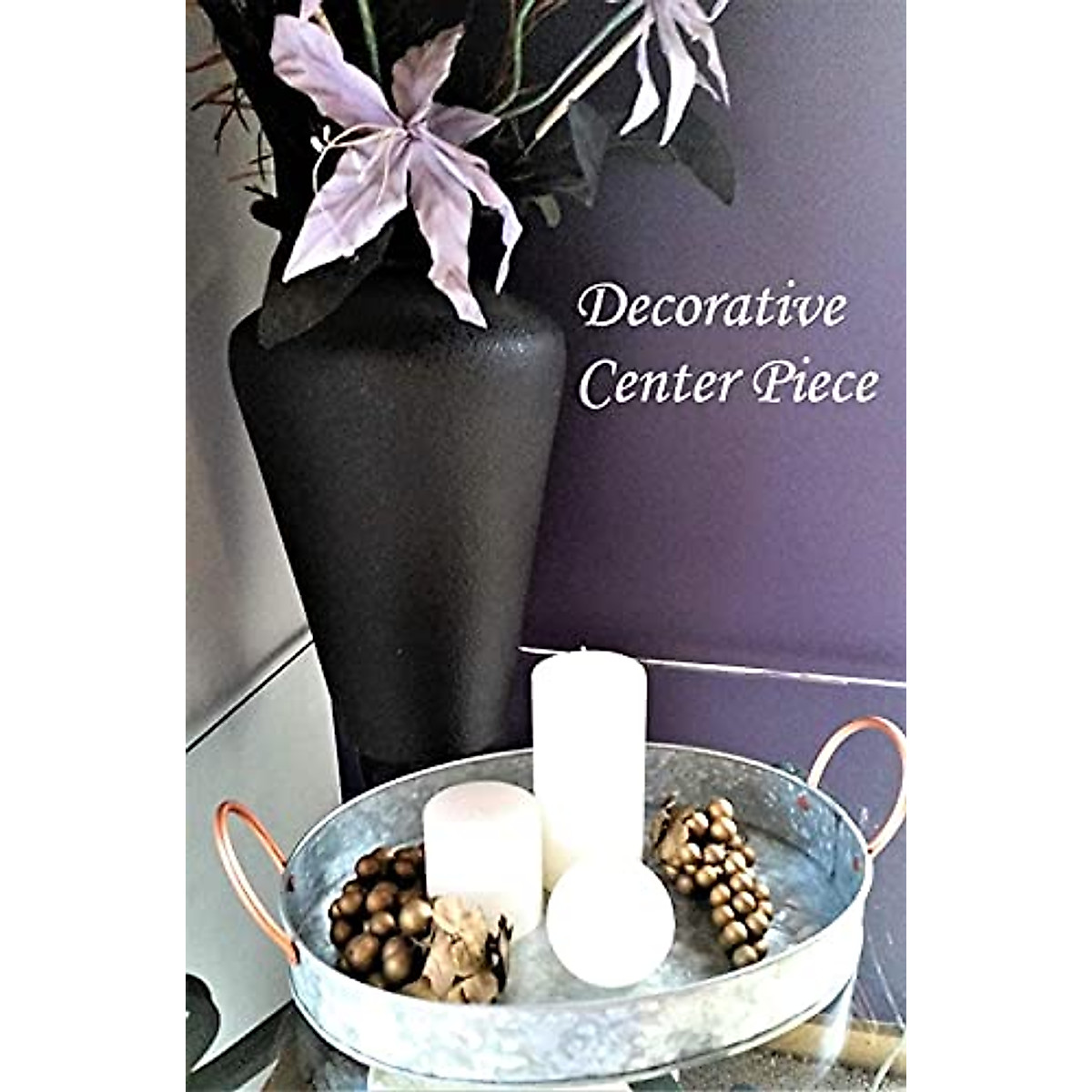 Galrose Rustic Galvanized Metal Serving Tray – Rose Gold Handles for Drinks Bar Table Centerpiece Sturdy Oval Decorative Serving Tray Platter. 6th Iron Anniversary Housewarming or Retirement Gift