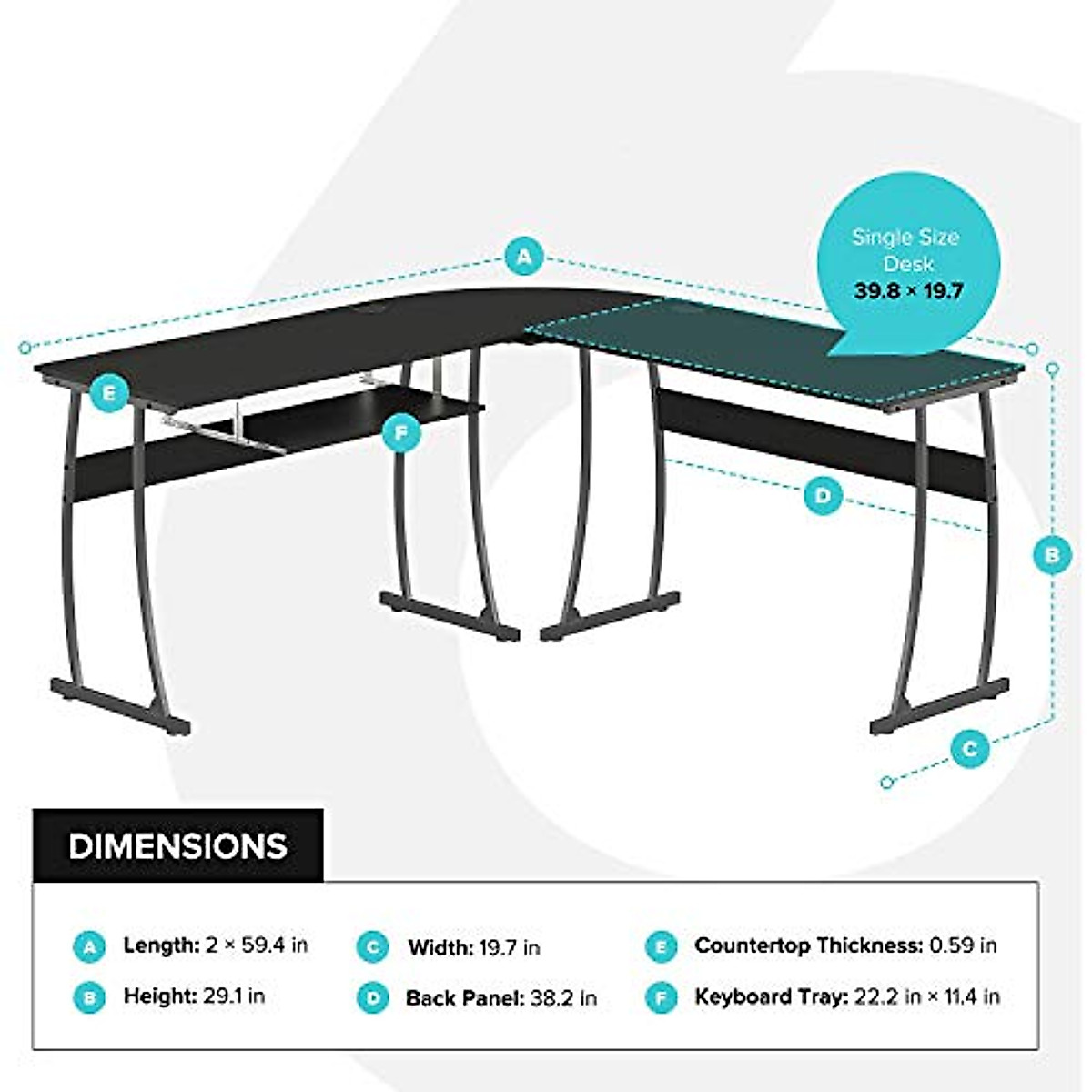 RIF6 L-Shaped Computer Desk - 59.4" Home Office Corner Desk with Adjustable Keyboard Tray - Durable Black Surface Study Table for PC Laptop Gaming and Writing - with Sturdy Adjustable Steel Legs