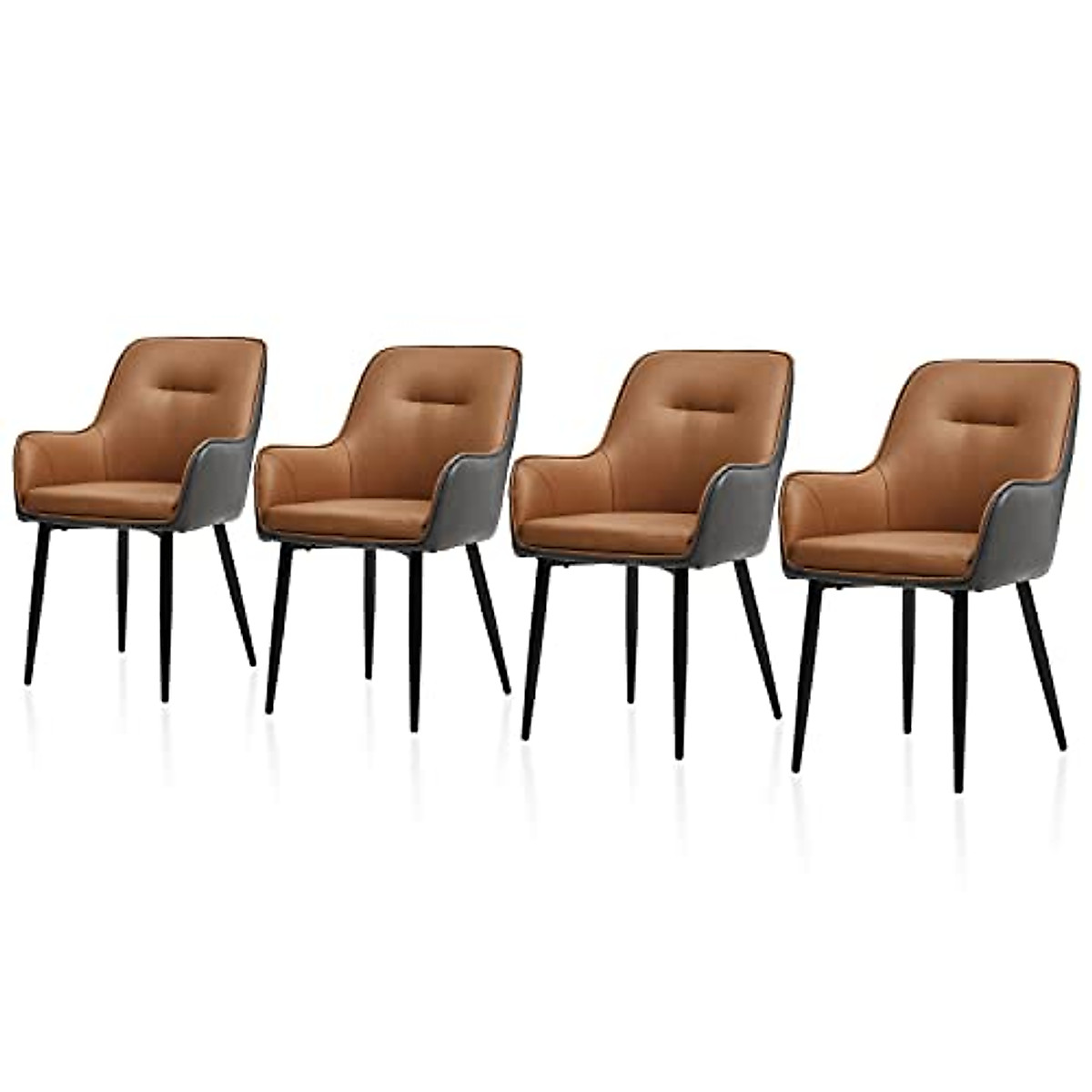 TUKAILAI Modern Accent Chairs Set of 4, Ergonomic PU Leather Upholstered Kitchen Dining Chair with Padded Seat and Metal Legs, Occasional Armchair for Leisure Lounge Reception (Brown + Grey)