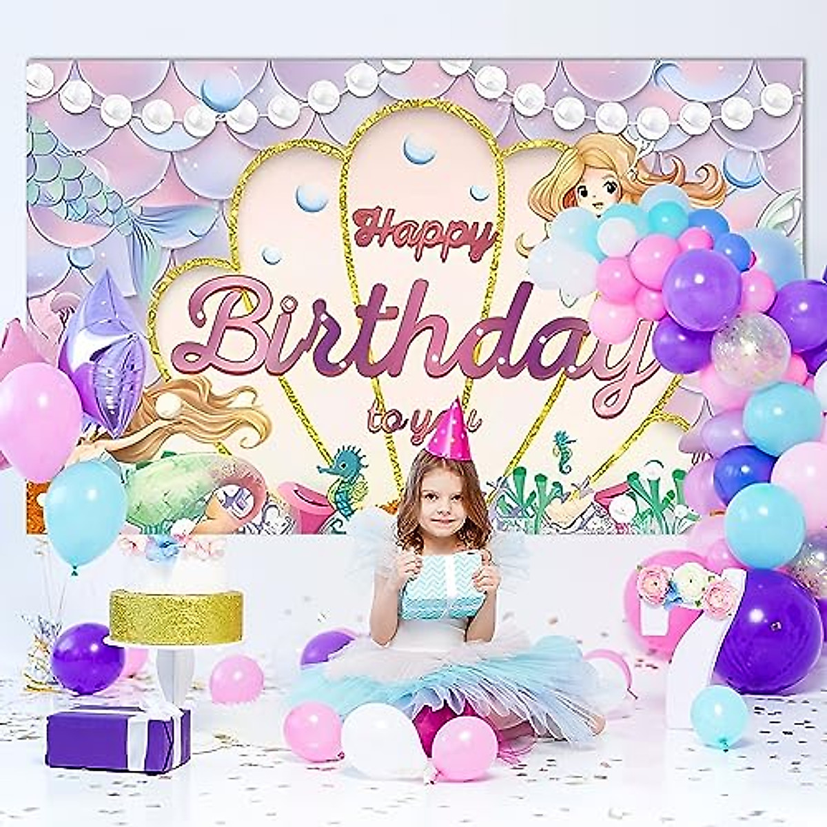 Mermaid Theme Happy Birthday Decorations Backdrop, Mermaid Birthday Backdrop Sign, Happy Birthday Banner, Photo Background for Girls, Birthday Party Supplies 70.8 x 43.3 inches