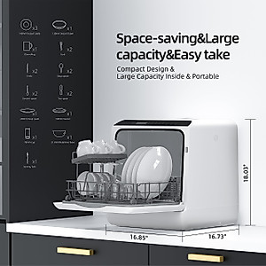 FIREGAS Portable Countertop Dishwasher, 5 L Built-in Water Tank & Inlet Hose, 6 Washing Programs Mini Dishwasher with Air-Dry Function and LED Light for Apartments, Dorms and RVs