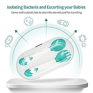 Deejoy Toddler Utensils with Travel Case, Baby Spoons and Forks Set for Self Feeding, Silicone Bendable Handle, Easy Grip Heat-Resistant, Self-feeding Flatware Sets for Kids (Stage 2) Green