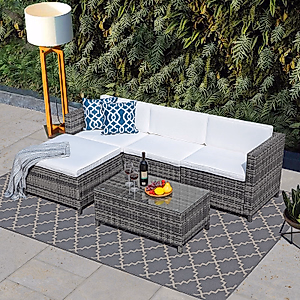 JOIVI Patio Furniture Sets, 5 Pieces All-Weather Outdoor Sectional Sofa Grey Wicker Rattan Patio Conversation Set with Ottoman, Washable White Cushions and 2 Blue Pillows