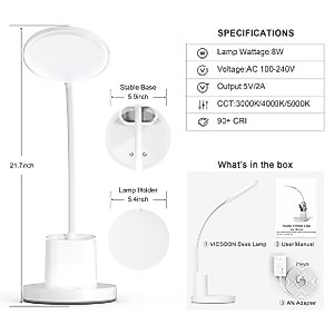 Vicsoon Desk Lamp, LED Desk Lamp for Home Office, Touch Table Lamp with 3 Color Modes 360° Adjustable Arm, Dimmable Desk Light with Pen Phone Holder, White