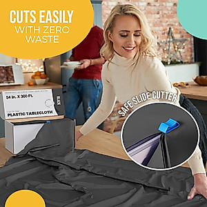 Exquisite 54 Inch X 300 Feet Black Plastic Table Cover Roll in A Cut - to - Size Box with Convenient Slide Cutter. Cuts Up to 36 Rectangle 8 Feet Plastic Disposable Tablecloths