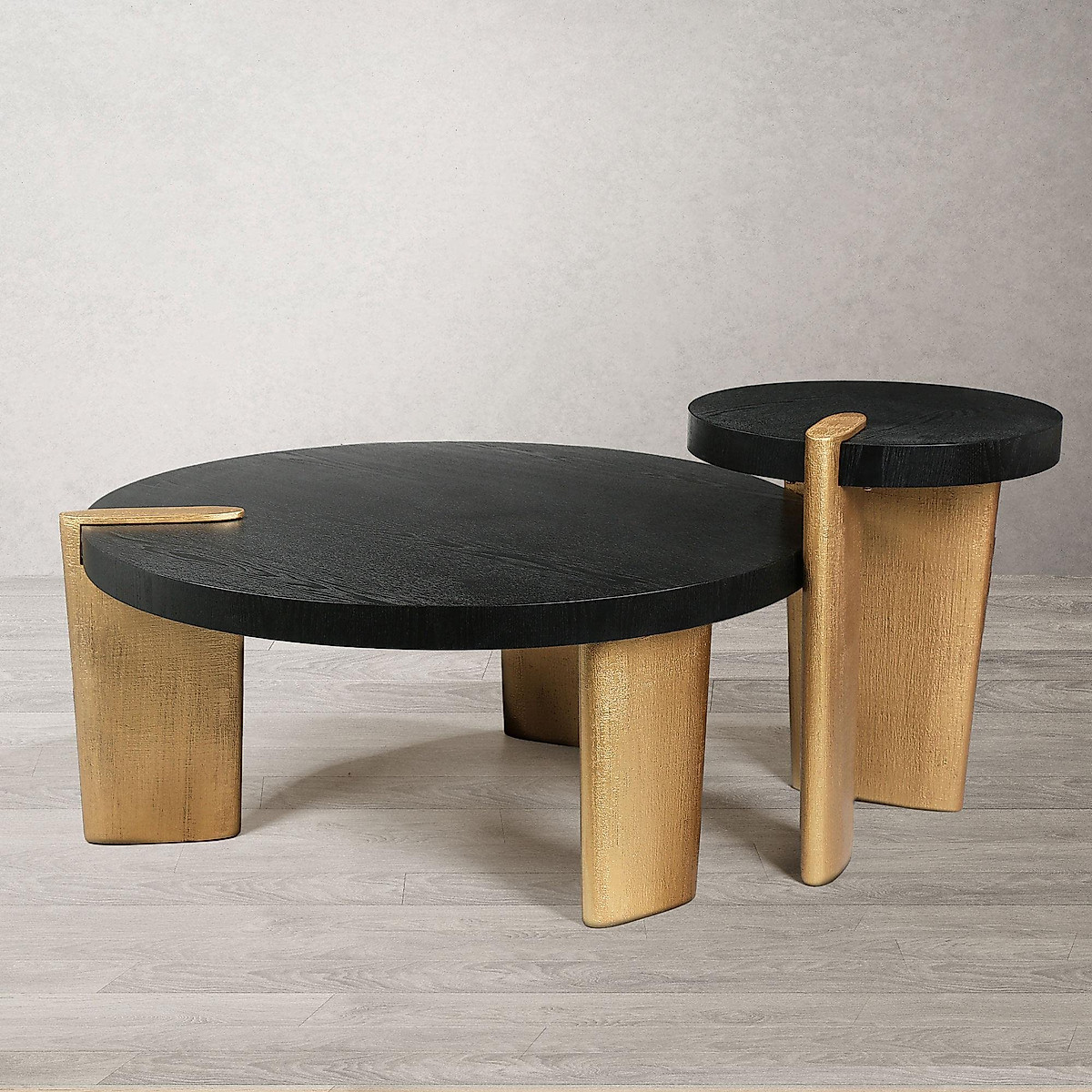 Uolfin Nesting Tables with Wood Veneer Top and Gold Painted Legs