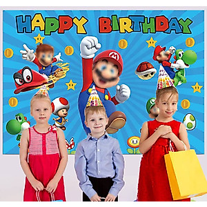 Super Brother Gold Coin Video Game Backdrop Cartoon Mushroom Turtle Happy Birthday Party Backdrop Background Baby Shower Supplies Cake Table Decoration Banner Photo Booth Props 7X5FT